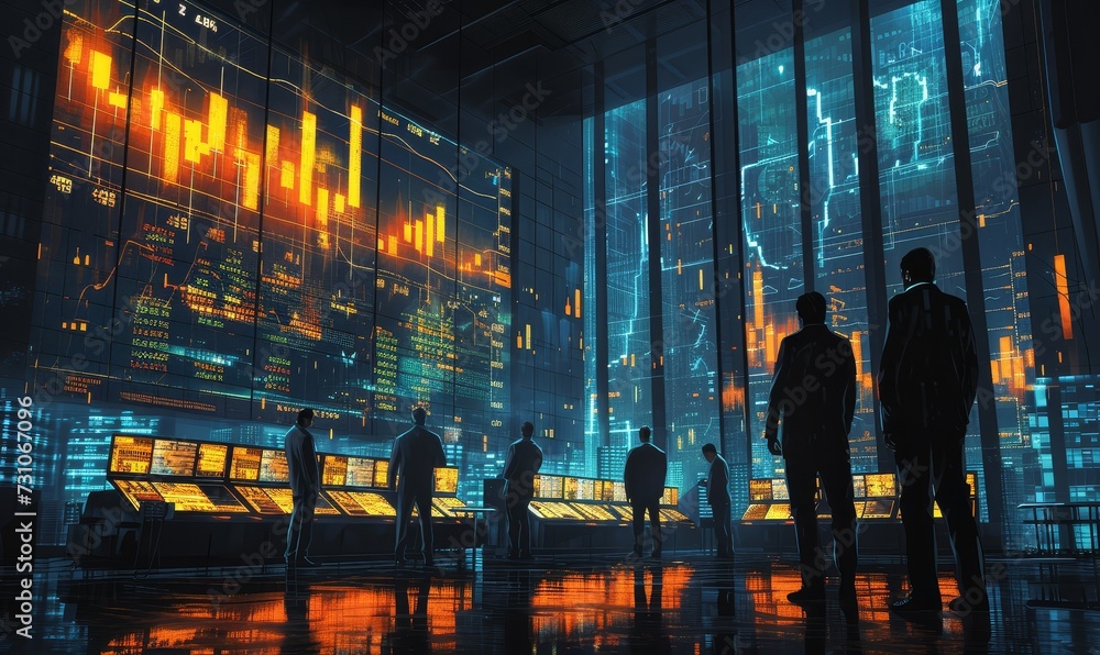 Professionals in a futuristic command center analyzing global data and statistics on large ...