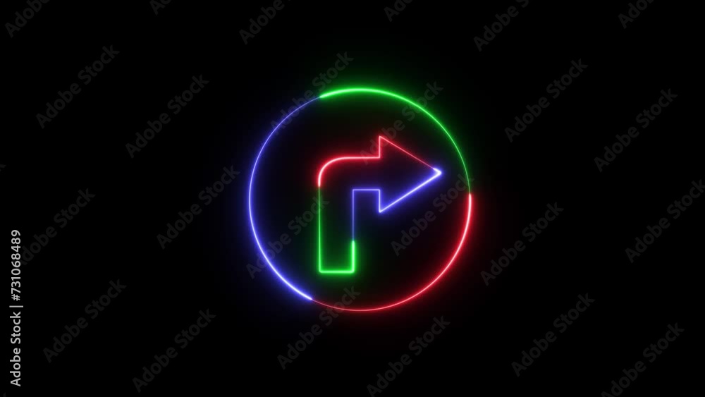 Neon glowing right turn arrow animation. Abstract glowing neon arrow ...