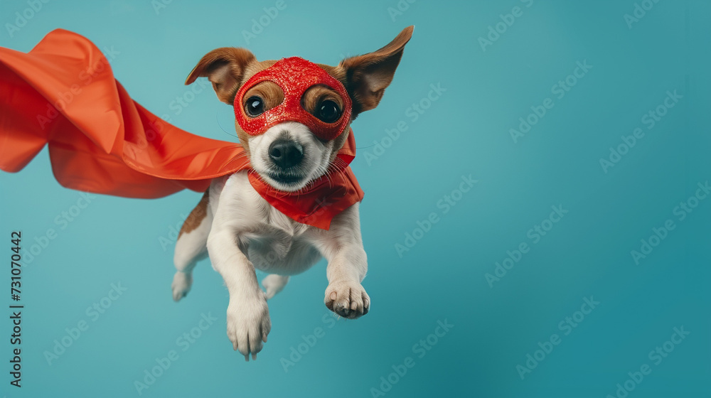 A cute young little dog or puppy, is a superhero with a red superhero ...