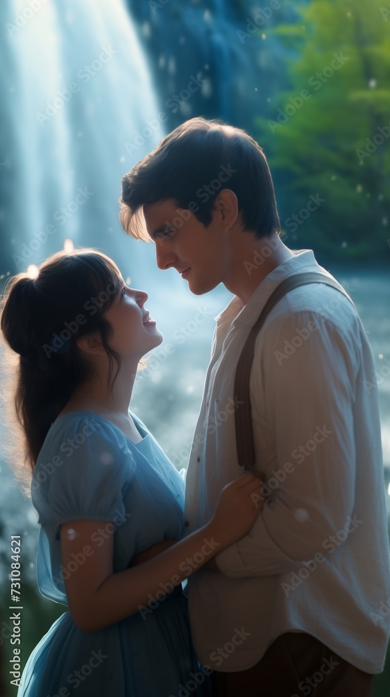 Romantic illustration representing two people in love kissing in a park ...