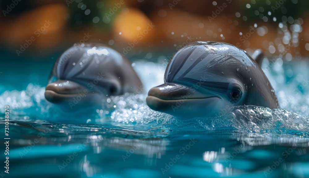 Graceful aquatic mammals, two bottlenose dolphins, glide effortlessly ...