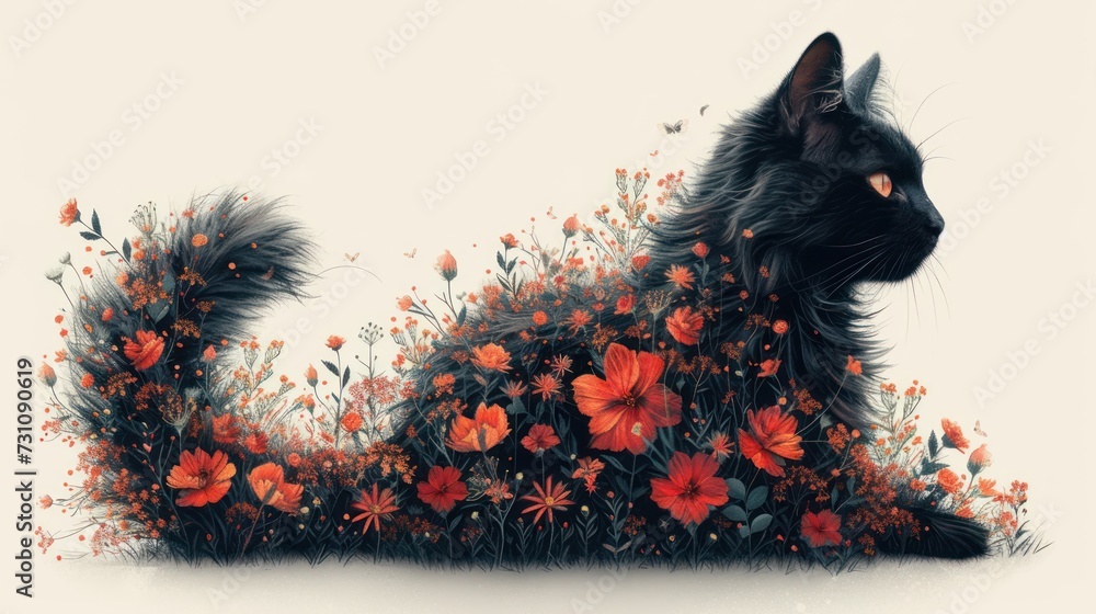 a painting of a black cat laying in a field of red and orange flowers ...