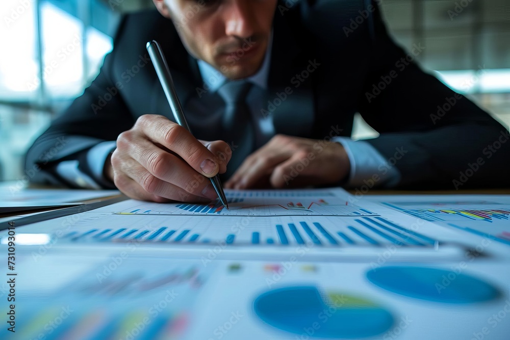 Insightful analysis A businessman scrutinizes financial charts A ...
