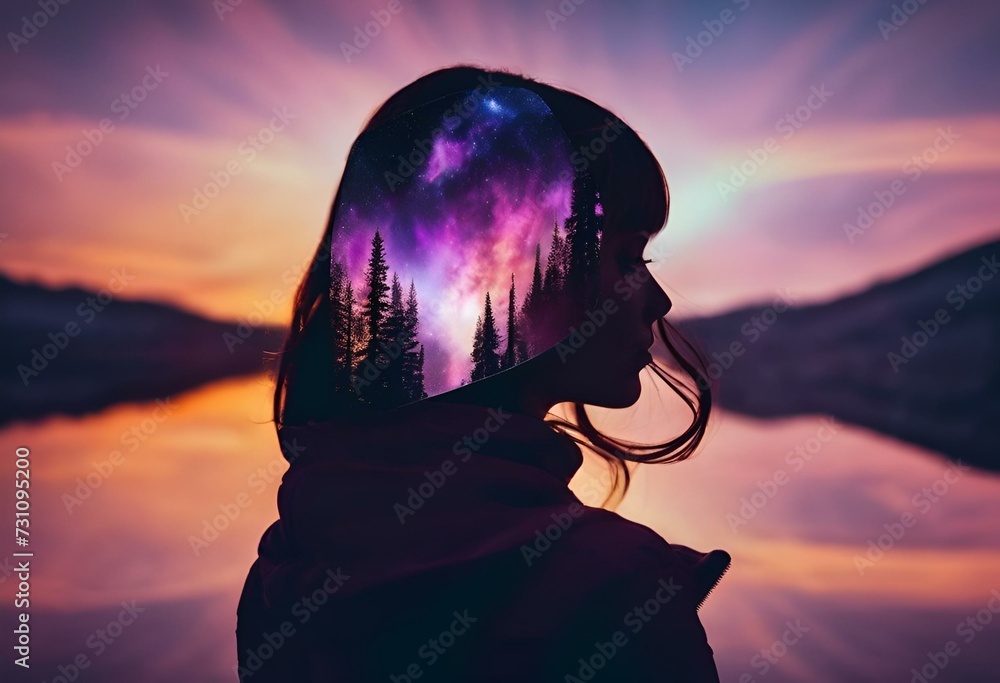 AI illustration of a colorful double-exposure of star field view in a ...