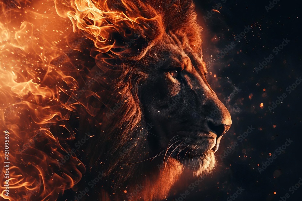 Portrait of a majestic fire lion Concept of mythical creatures and ...