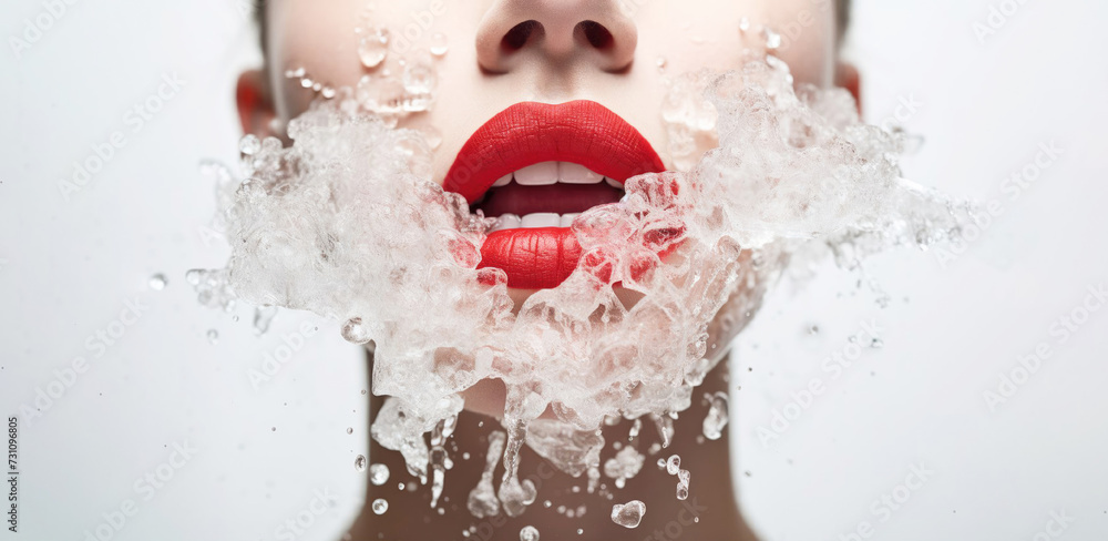 Female smile with white teeth with splash of ice water on white ...