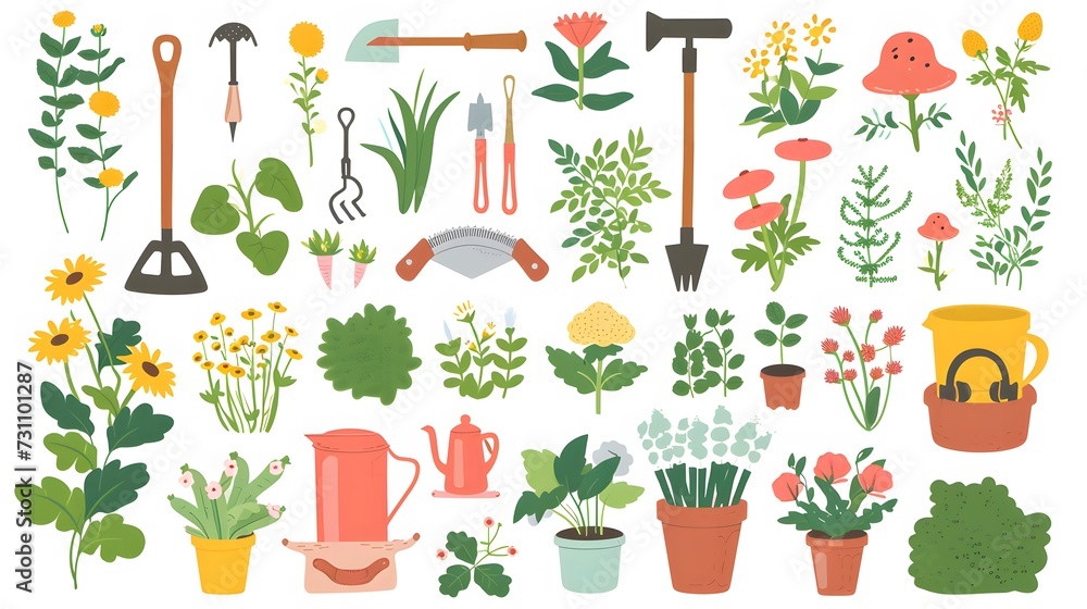 gardening clip art set, tools, plants, and outdoor elements Stock ...