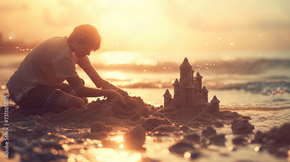 A parent and child building a sandcastle on the beach, with intricate ...