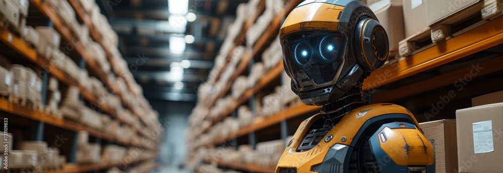 A solitary robot navigates through a maze of towering shelves, its ...