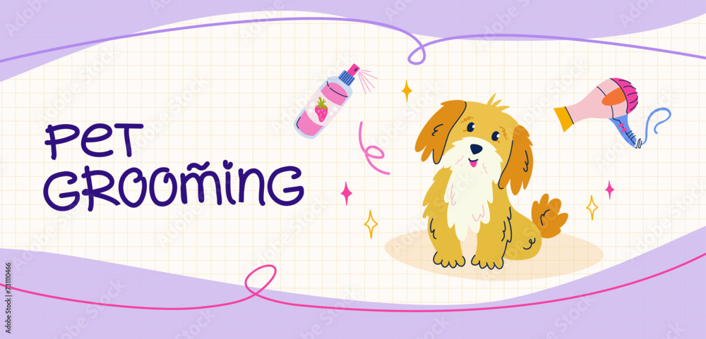 Pet grooming website banner design. Cute dog in flat trendy style ...