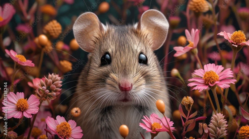 a close up of a mouse in a field of flowers with pink flowers in the ...