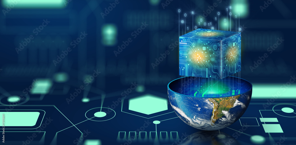 Cube technology on Digital world. Abstract blue background with ...