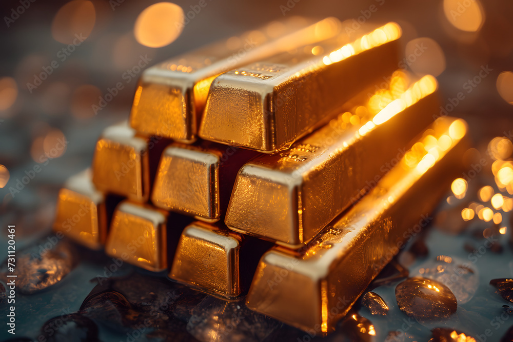 Polished gold bars neatly stacked, shining brilliantly on a dark, reflective surface Stock Photo ...