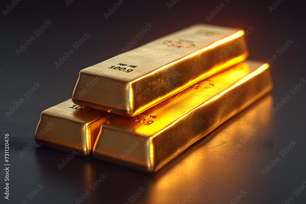 Polished gold bars neatly stacked, shining brilliantly on a dark, reflective surface Stock Photo ...
