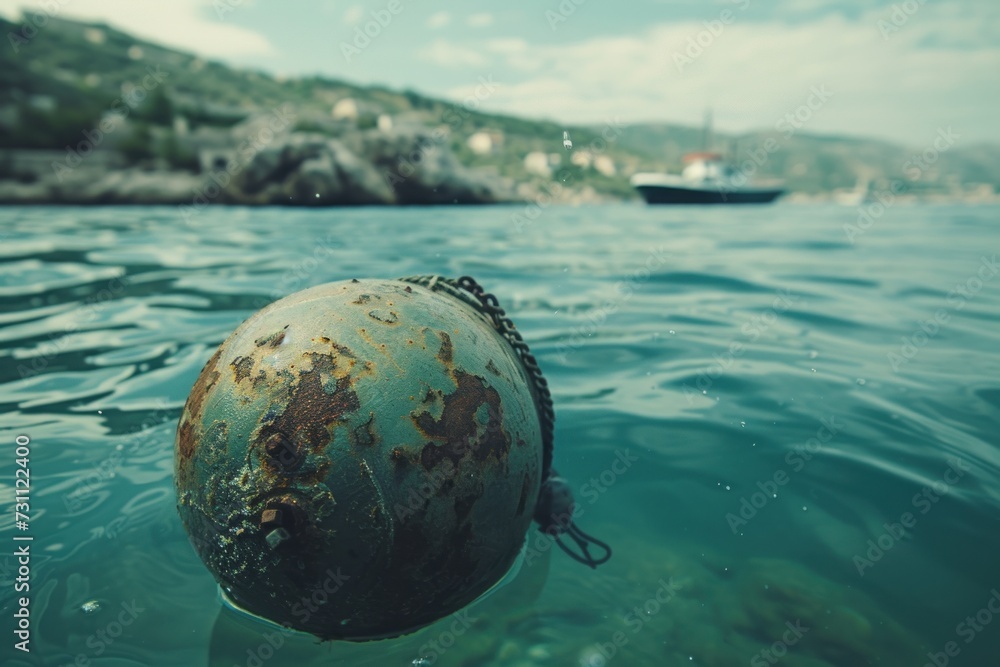 an anti-ship mine submerged in the sea with a security shield, creating ...