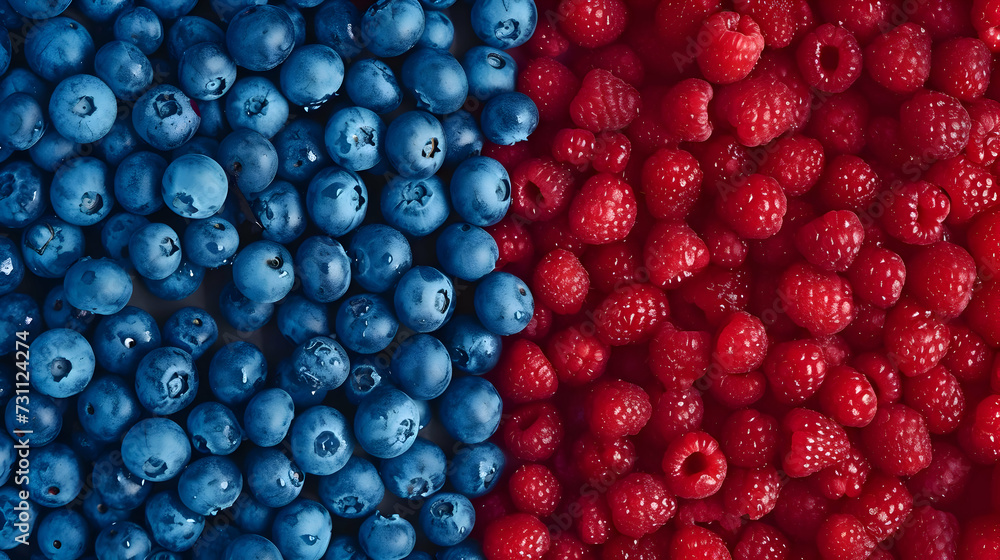 Red and blue berries lying one by one. Half blueberry and half ...