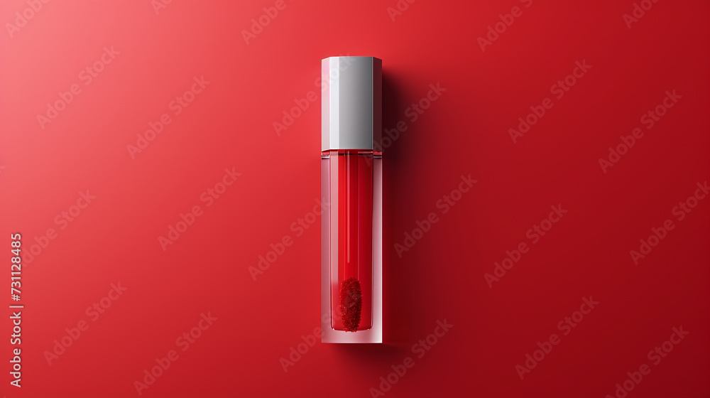 a blank gray lip plumper gloss tube on a light red background, with a ...