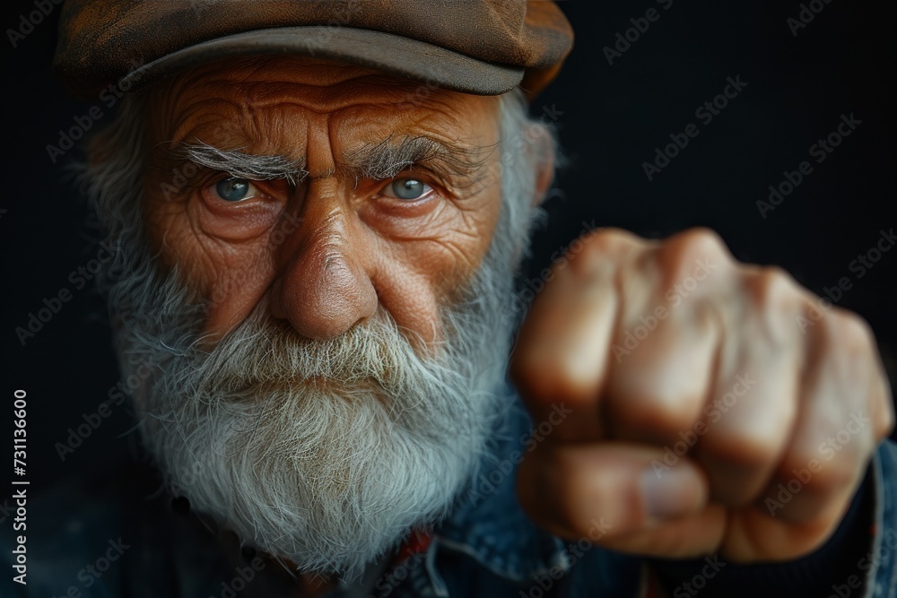 A rugged man with a bearded face and a strong presence, his skin ...