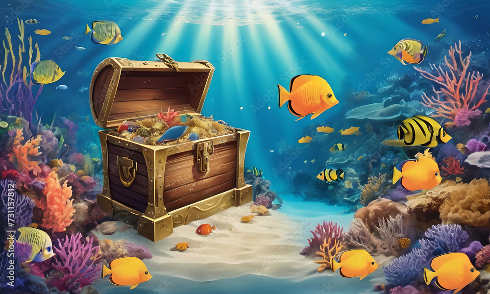 Drawing of a chest with gold coins, treasures and sapphires on ocean ...
