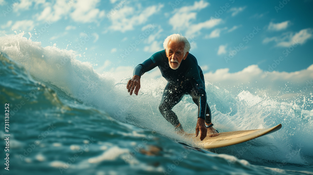 Grandpa surfing the waves on a surfboard while on vacation. Retired but ...