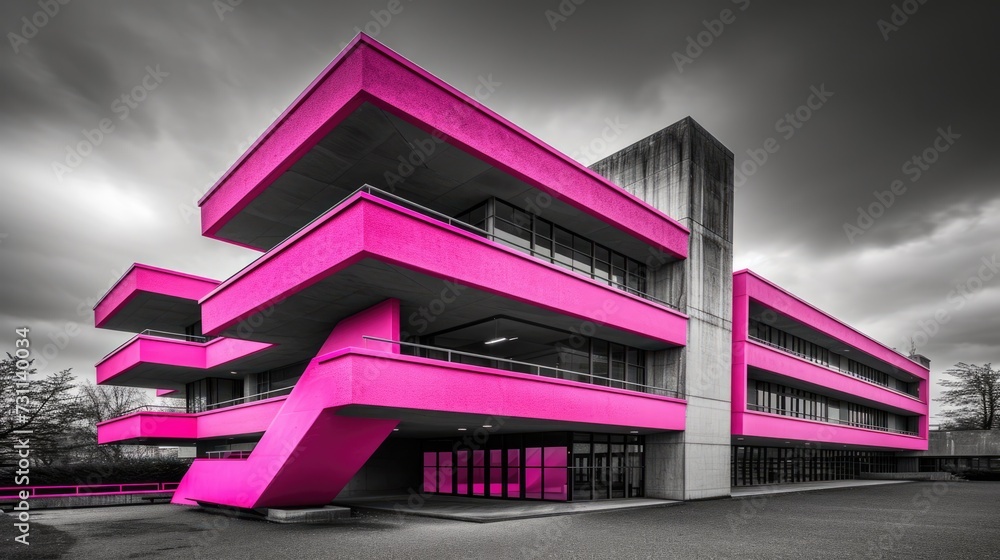 Generative AI, brutalism style concrete building, pink and grey colors ...