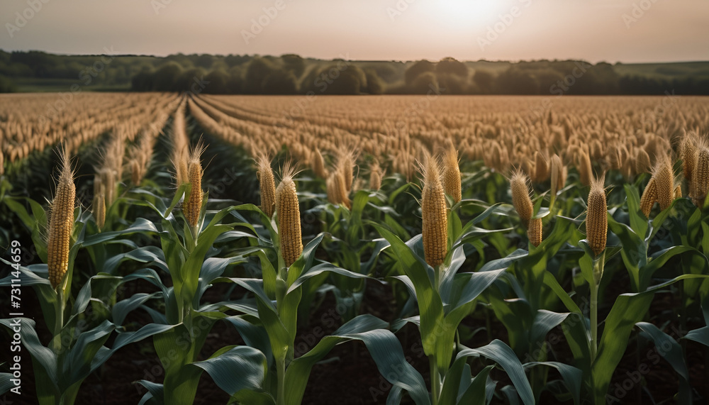 Maize Corn field at sunset ready for farmer's harvest season for ...