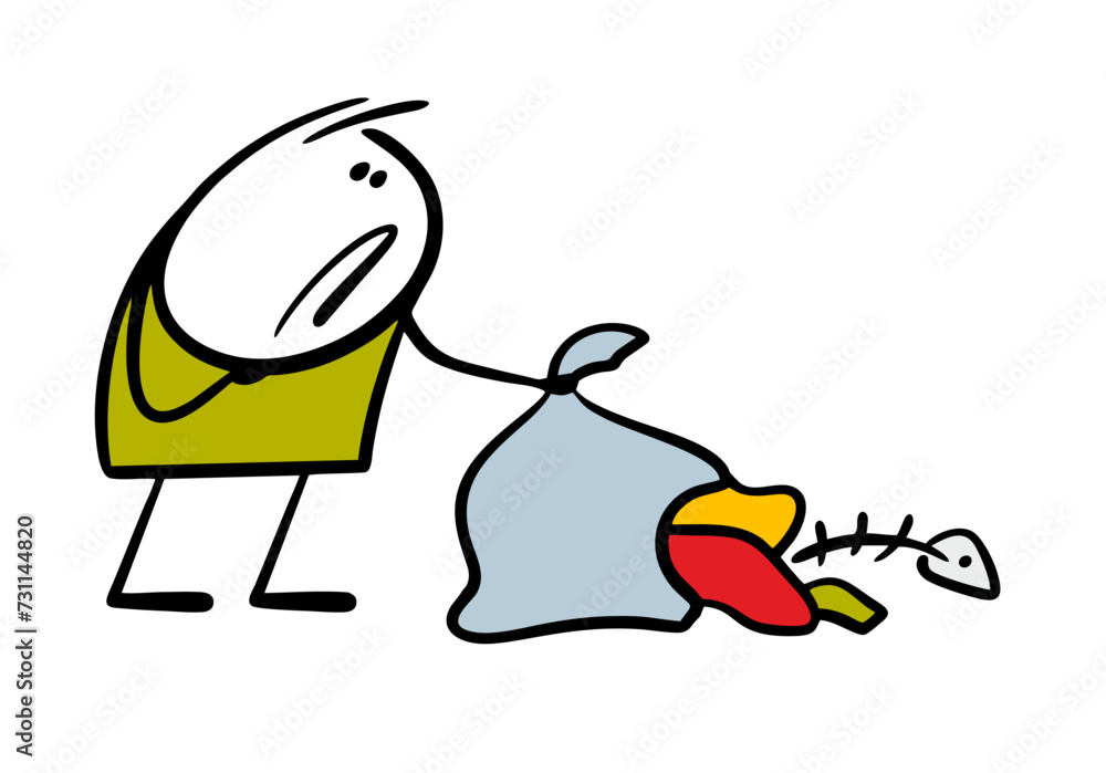 Frustrated man looks at the problem. Cartoon plastic bag tore and the ...