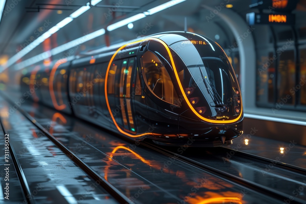 A sleek black train speeds along the track, its rolling stock filled ...