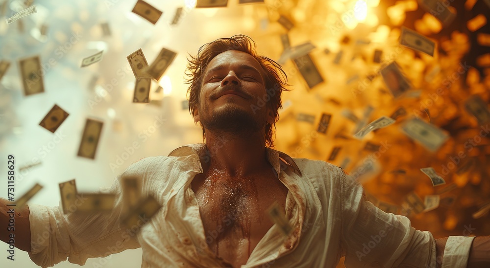 A man stands outdoors, his face a portrait of shock as money cascades ...