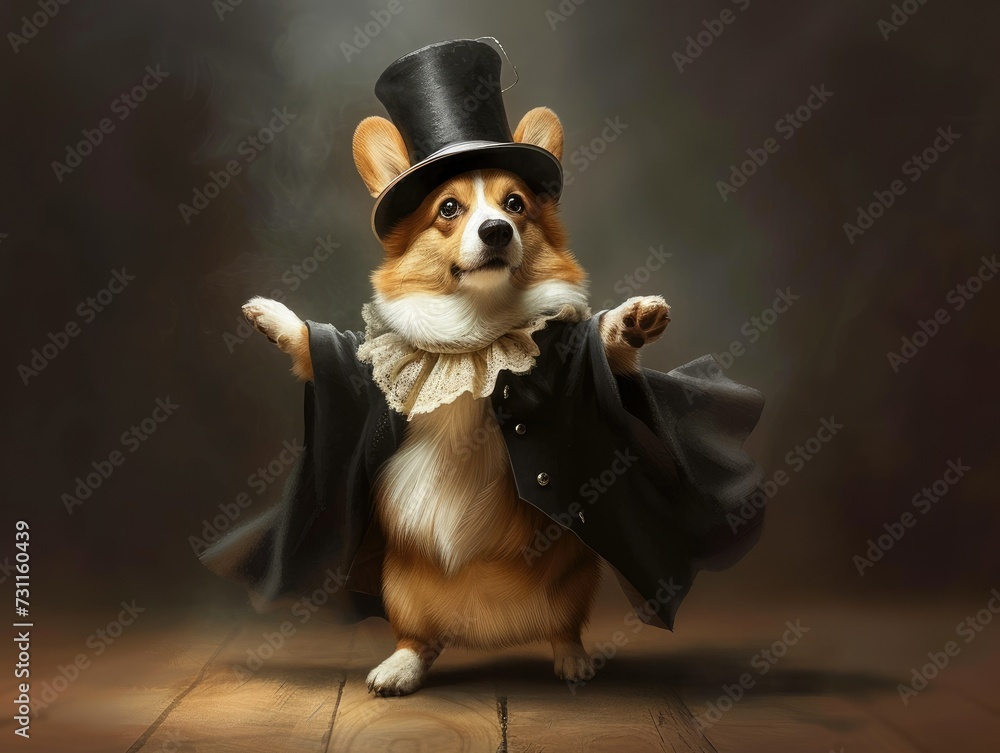 A cute corgi magician in a top hat and cape, standing on hind legs with ...