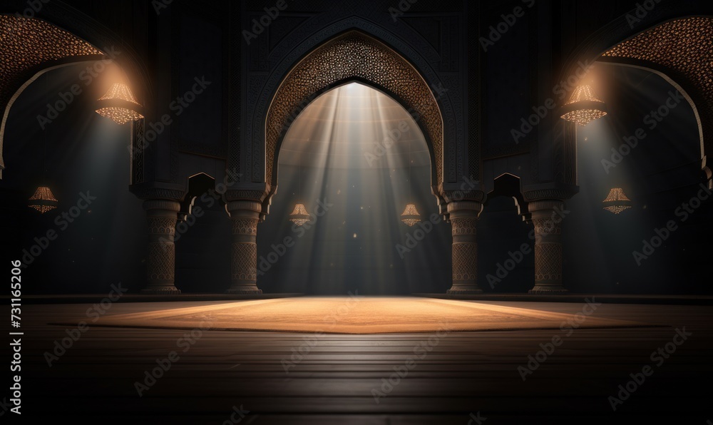 Elegant Islamic Stage with Radiant Spotlight Beams and Ornate Lanterns ...