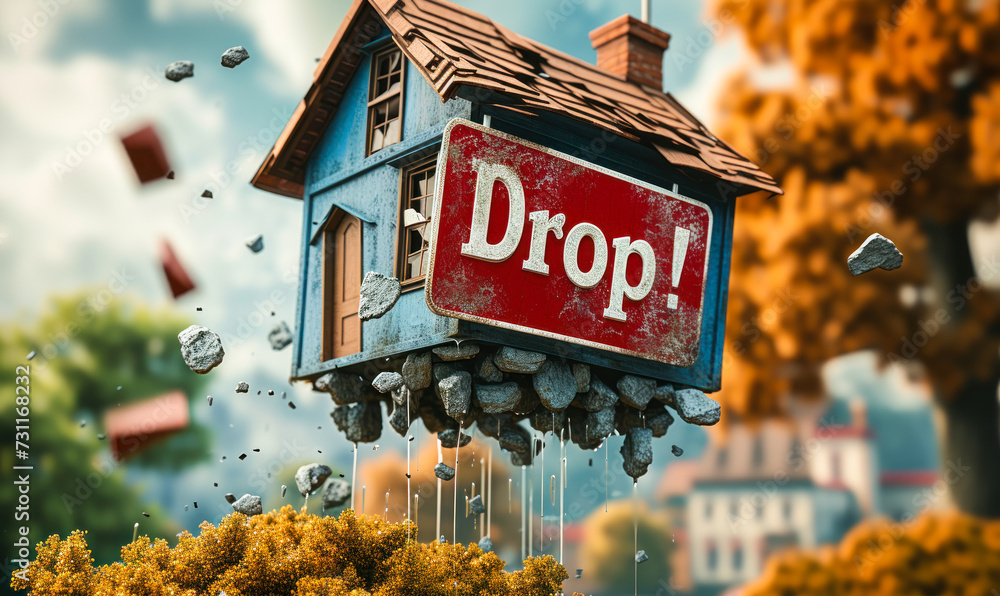 Dramatic illustration of a Price Drop! sign on a falling house ...
