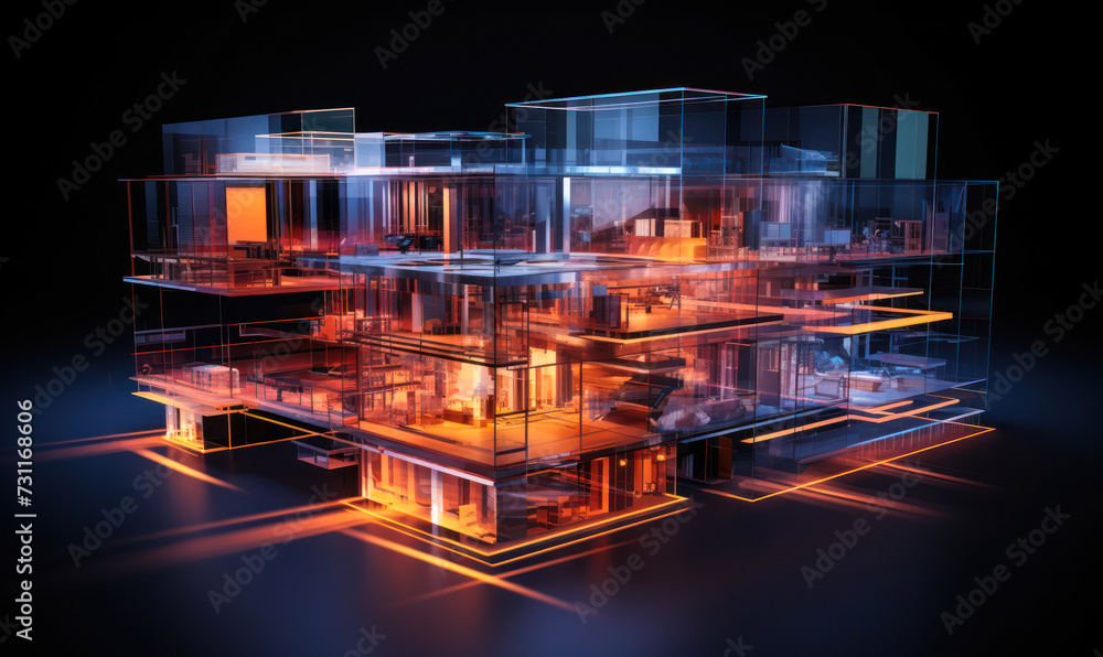 Illuminated Architectural Blueprint of a Modern Building Design with ...