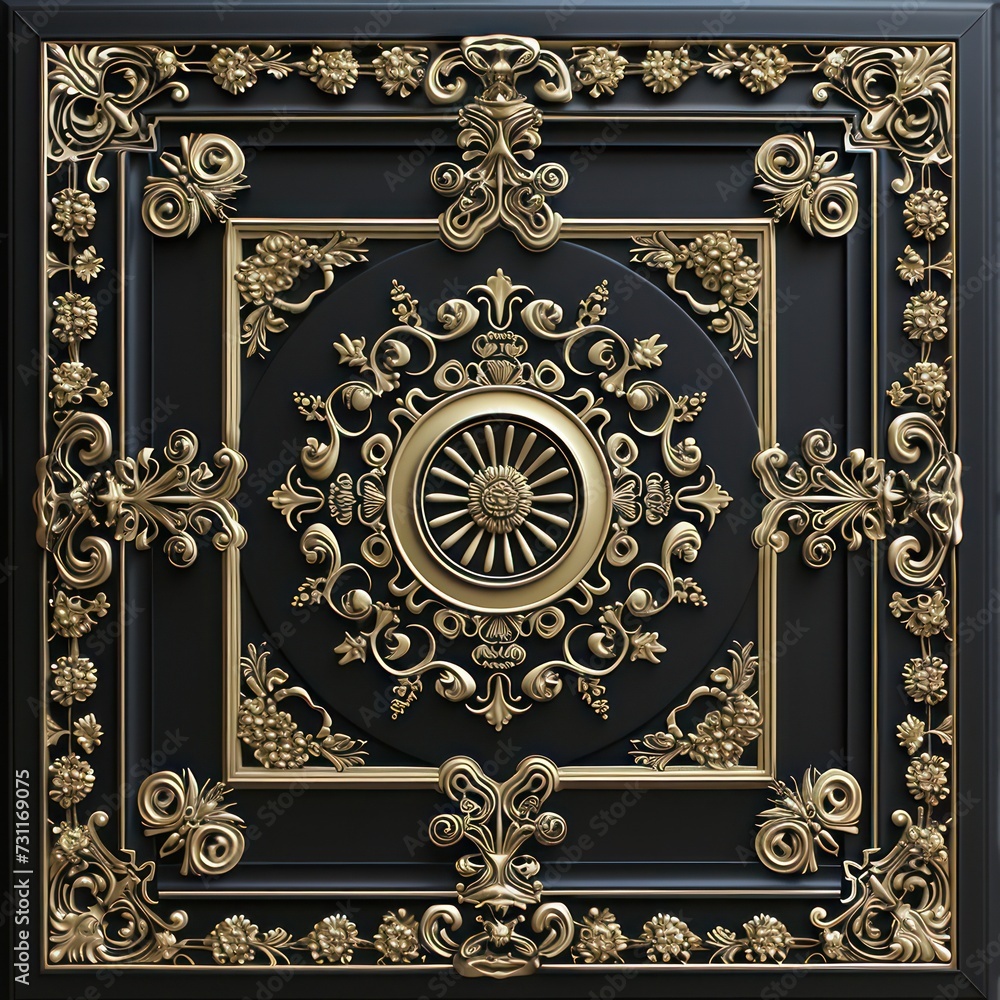 Ceiling wallpaper with a Victorian-style black and gold design in 3D ...
