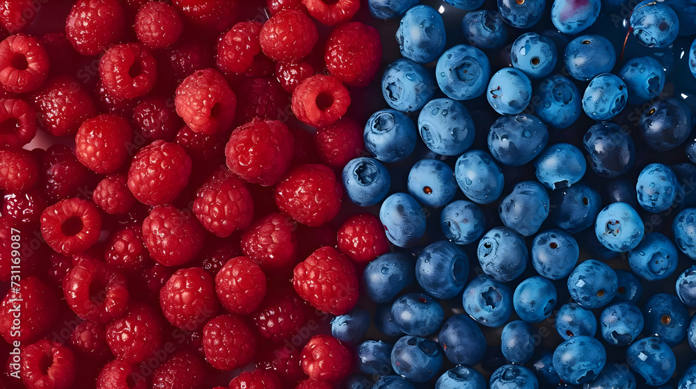 Red and blue berries. Half blueberry and half raspberry background ...