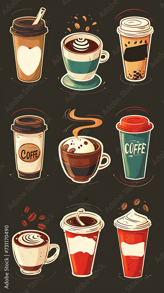 Vintage coffee posters featuring cartoon espresso cups and coffee house ...