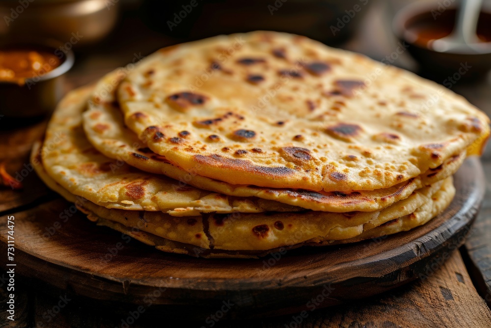 Puran poli on wooden plate. Traditional Indian cuisine. Hindu New Year ...
