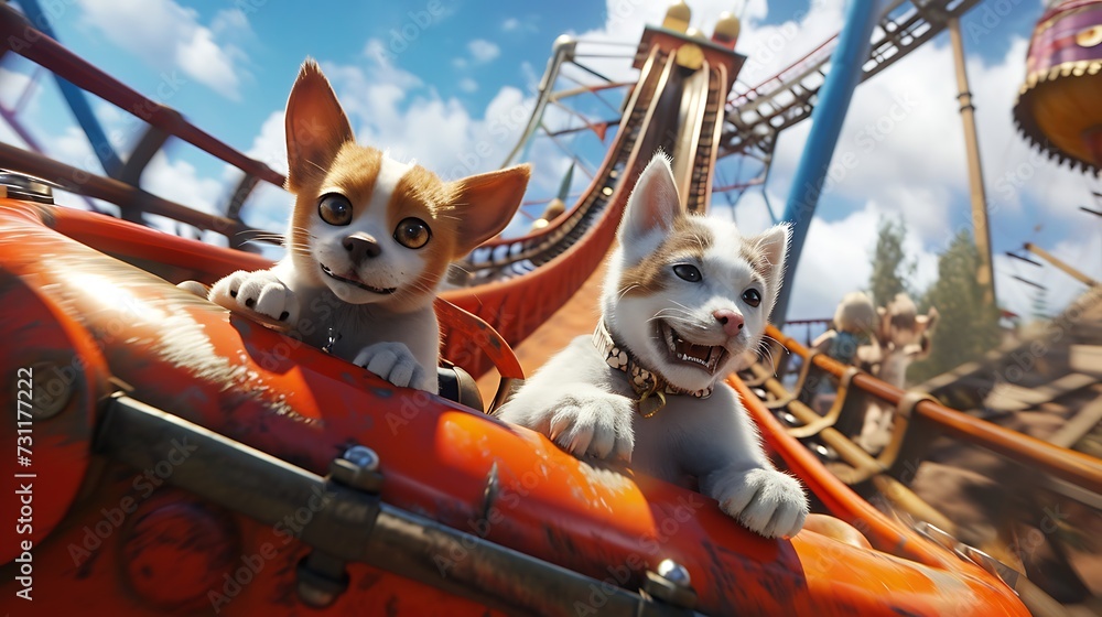 pair of cats and dogs riding the rollercoaster with their ears and ...