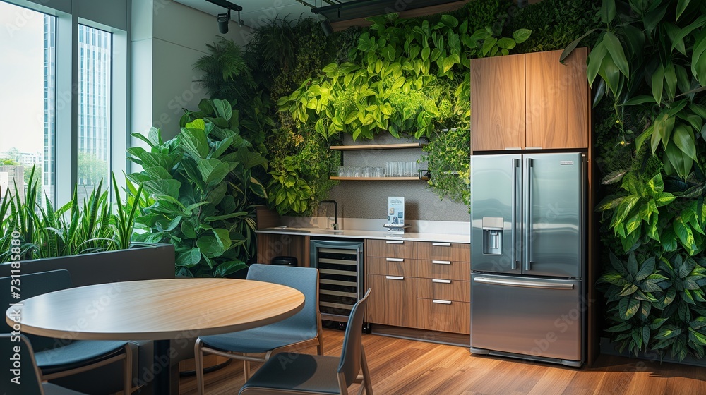 A modern, eco-friendly office break room featuring a lush living green ...