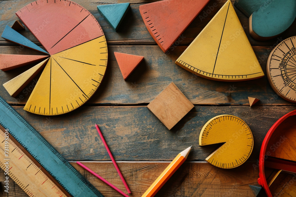 Colorful math fractions on the wooden background. interesting math for ...