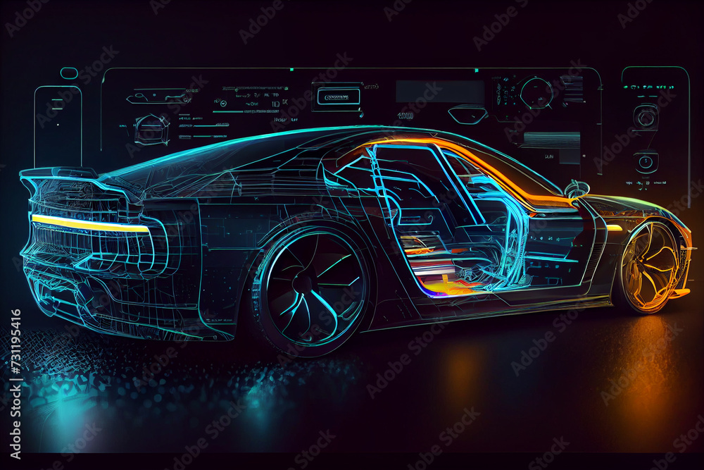 Smart car isometric hologram, in HUD style. Electric auto. Hologram car ...