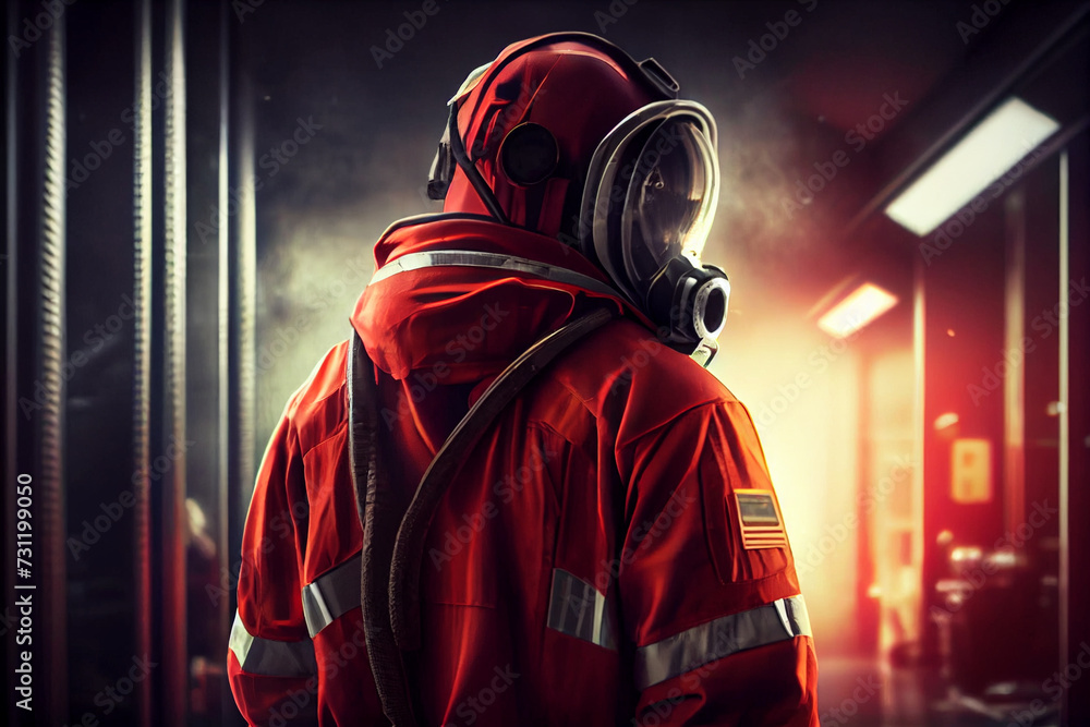Portrait of a fireman wearing firefighter turnouts and helmet. Dark ...