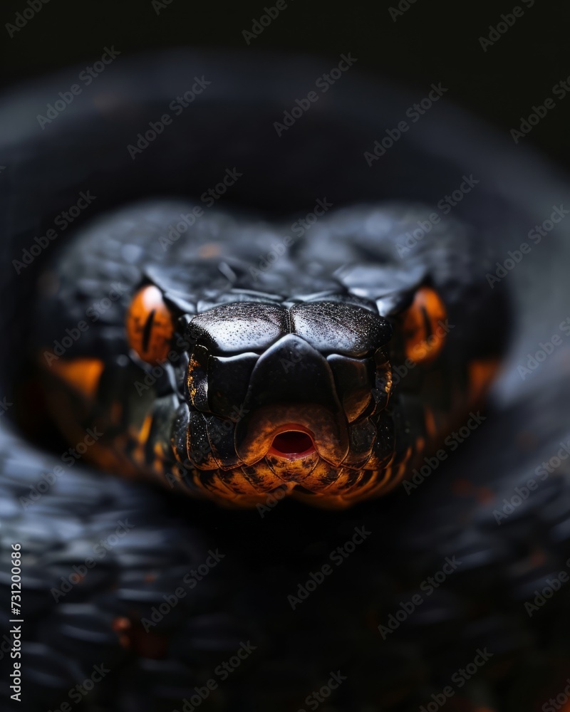 Close-up of the head of a snake on a black background. Intense gaze of ...