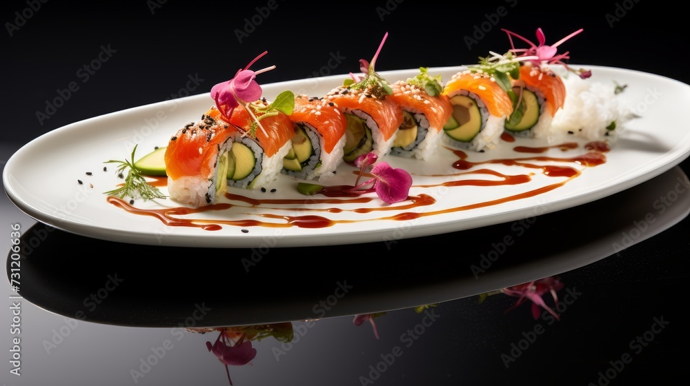 japanese sushi food. Maki and rolls with prickly pear, salmon, shrimp ...