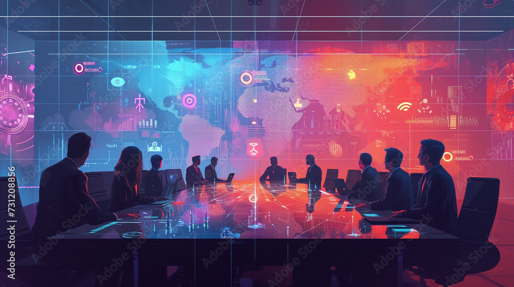 Craft an illustration of a virtual meeting room, where avatars ...