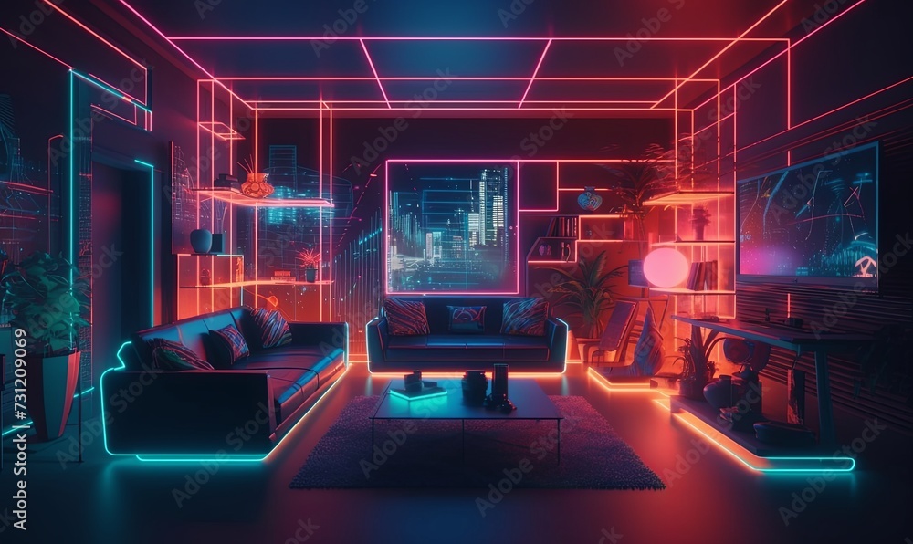 Neon interior living room background. Glowing 3d purple cyber synthwave ...
