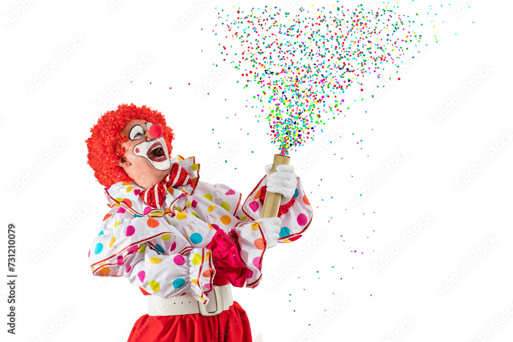 Funny clown pulling carnival cracker. Entertainer Joker in colorful ...