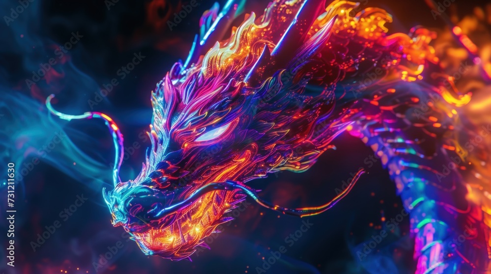 Illustration fantasy Fiery dragon in neon color in the dark sky. AI ...