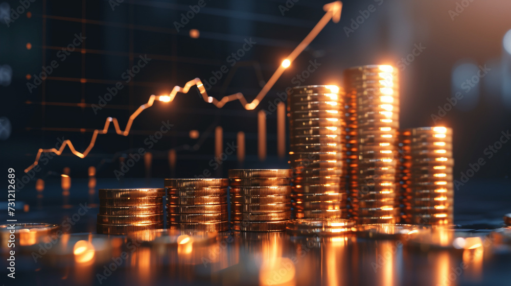 visualize a towering stack of coins against the backdrop of a rising ...