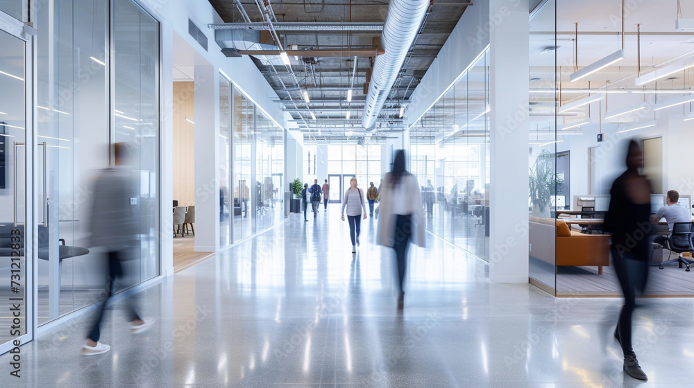 visualize an expansive, modern office space bathed in natural light ...